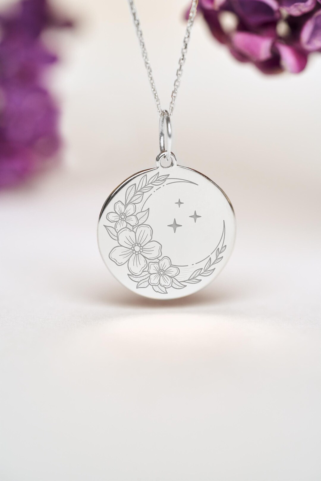Sterling Silver Moon and Flowers Necklace • Personalized Celestial ...