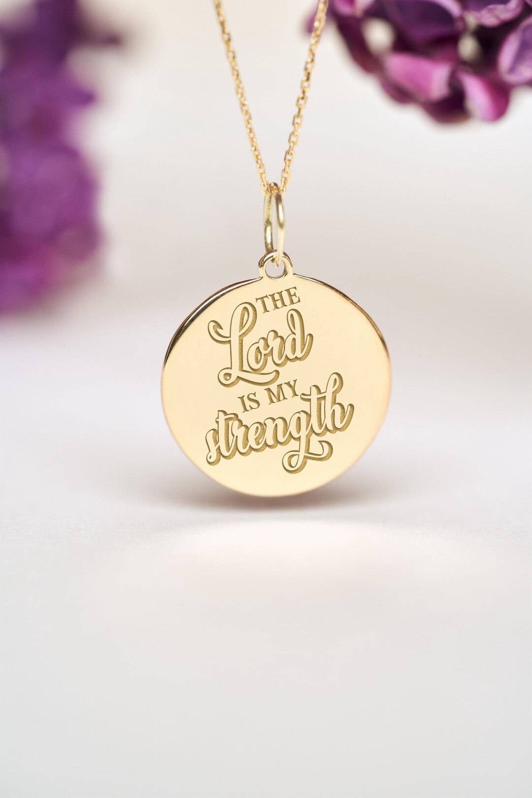 14k Solid Gold the Lord is My Strength Necklace – Psalm 118:14 Pendant ...