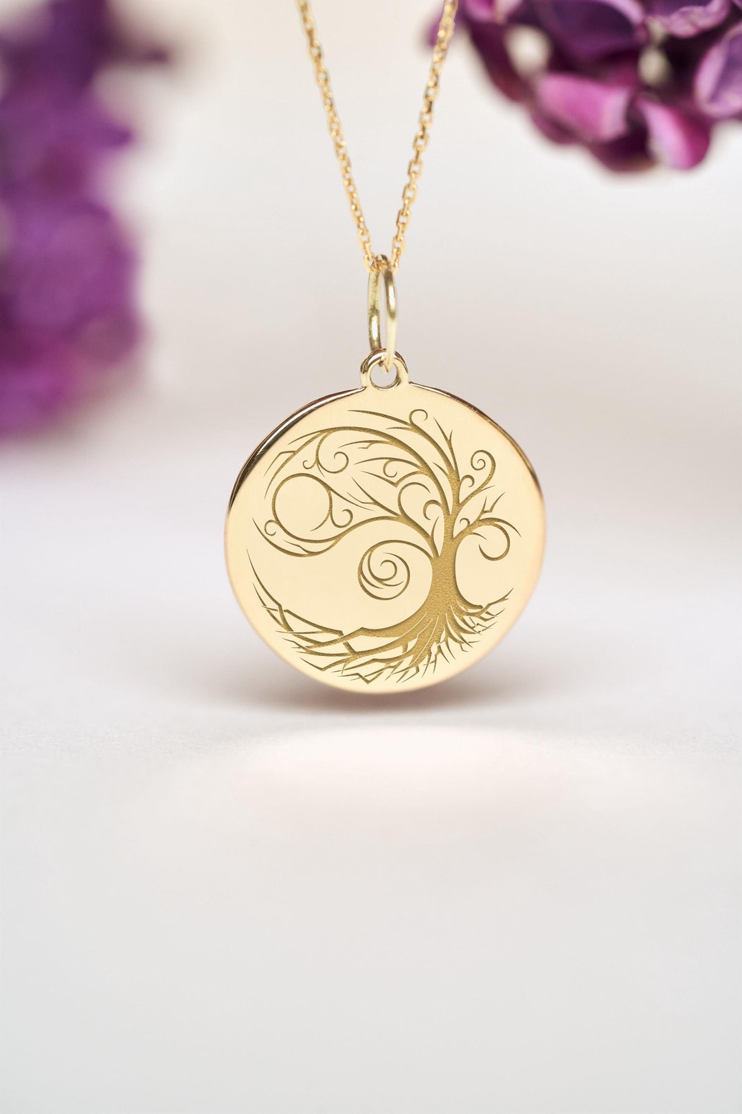 14k Solid Gold Tree Pendant • Personalized Windy Tree Necklace • Dainty ...