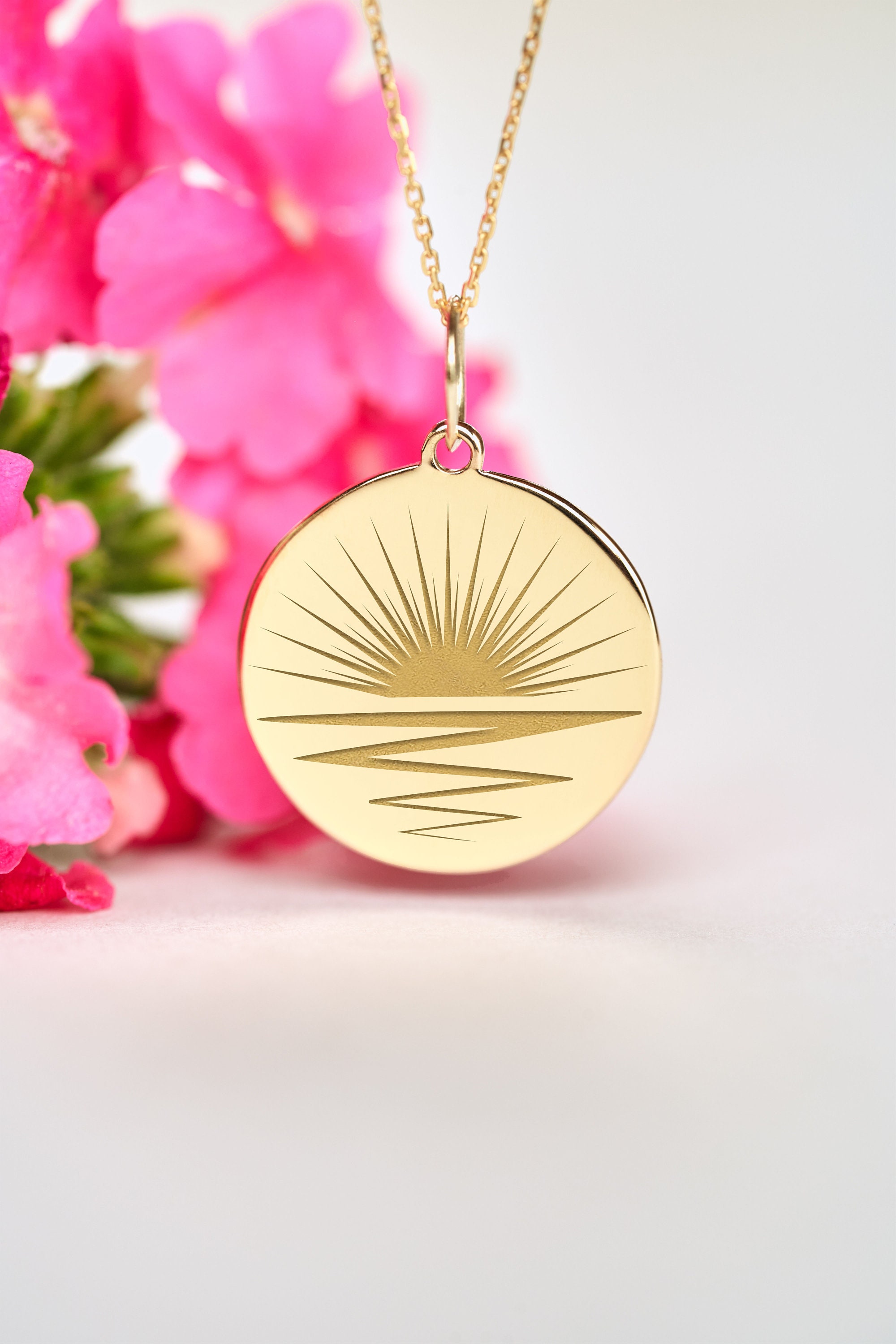 14k Solid Gold Sun Necklace • Personalized Sunset Pendant • Sunrise ...