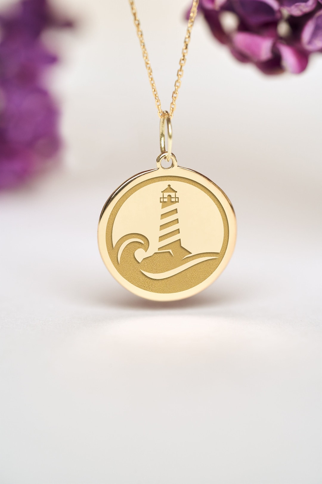 14k Solid Gold Lighthouse Necklace • Personalized Nautical Pendant ...