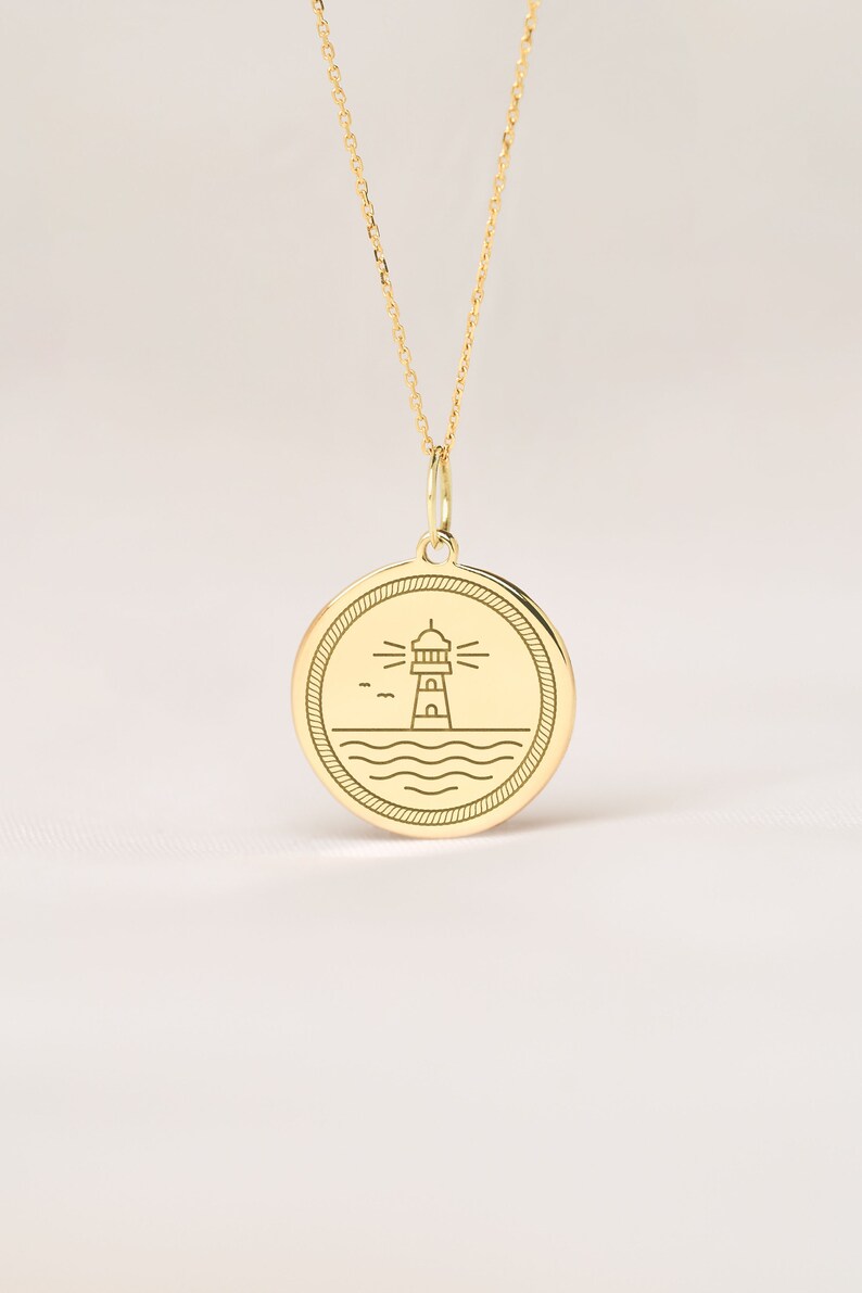 14k Solid Gold Lighthouse Necklace • Personalized Nautical Pendant ...