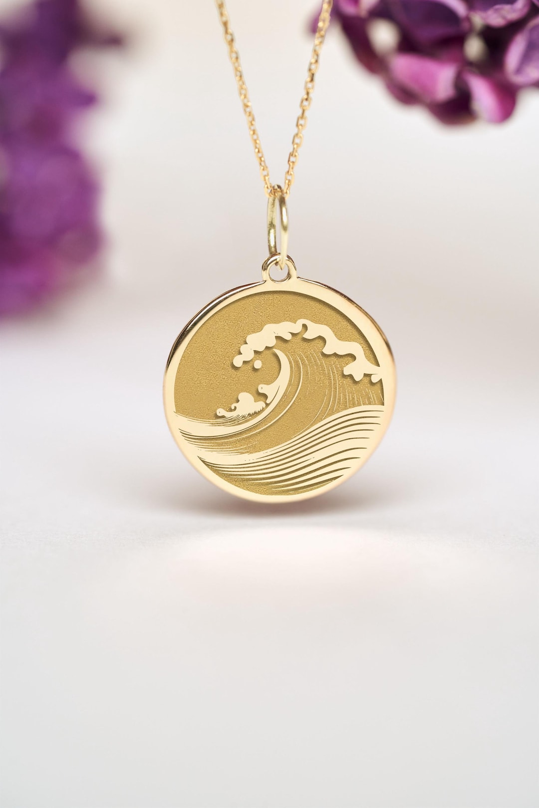 14k Solid Gold Wave Pendant • Personalized Sea Wave Necklace • Dainty ...