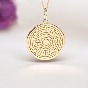 14k Solid Gold Labyrinth Necklace • Personalized Maze Pendant • Dainty ...