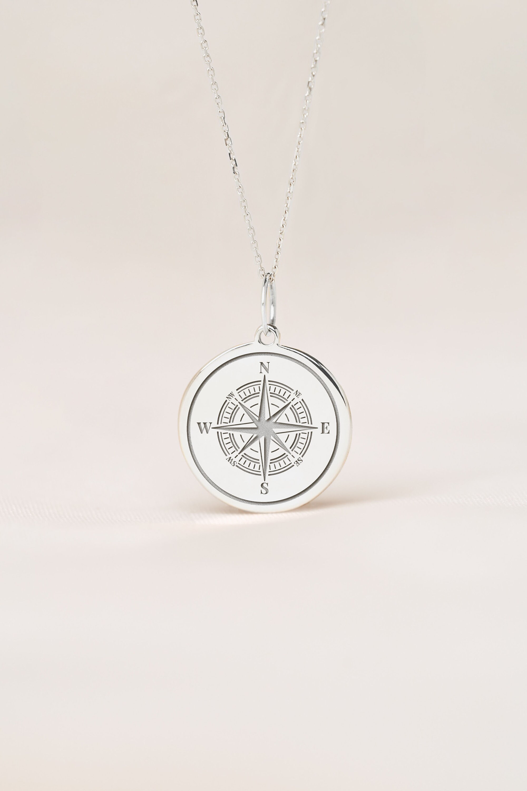 Sterling Silver Compass Necklace • Engraved Nautical Disc ...