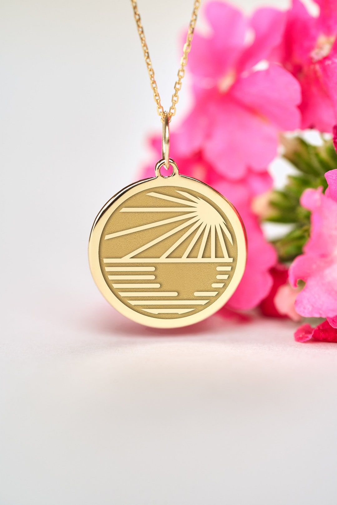 14k Solid Gold Sunrise Necklace Personalized Sun Pendant Dainty Sunset ...