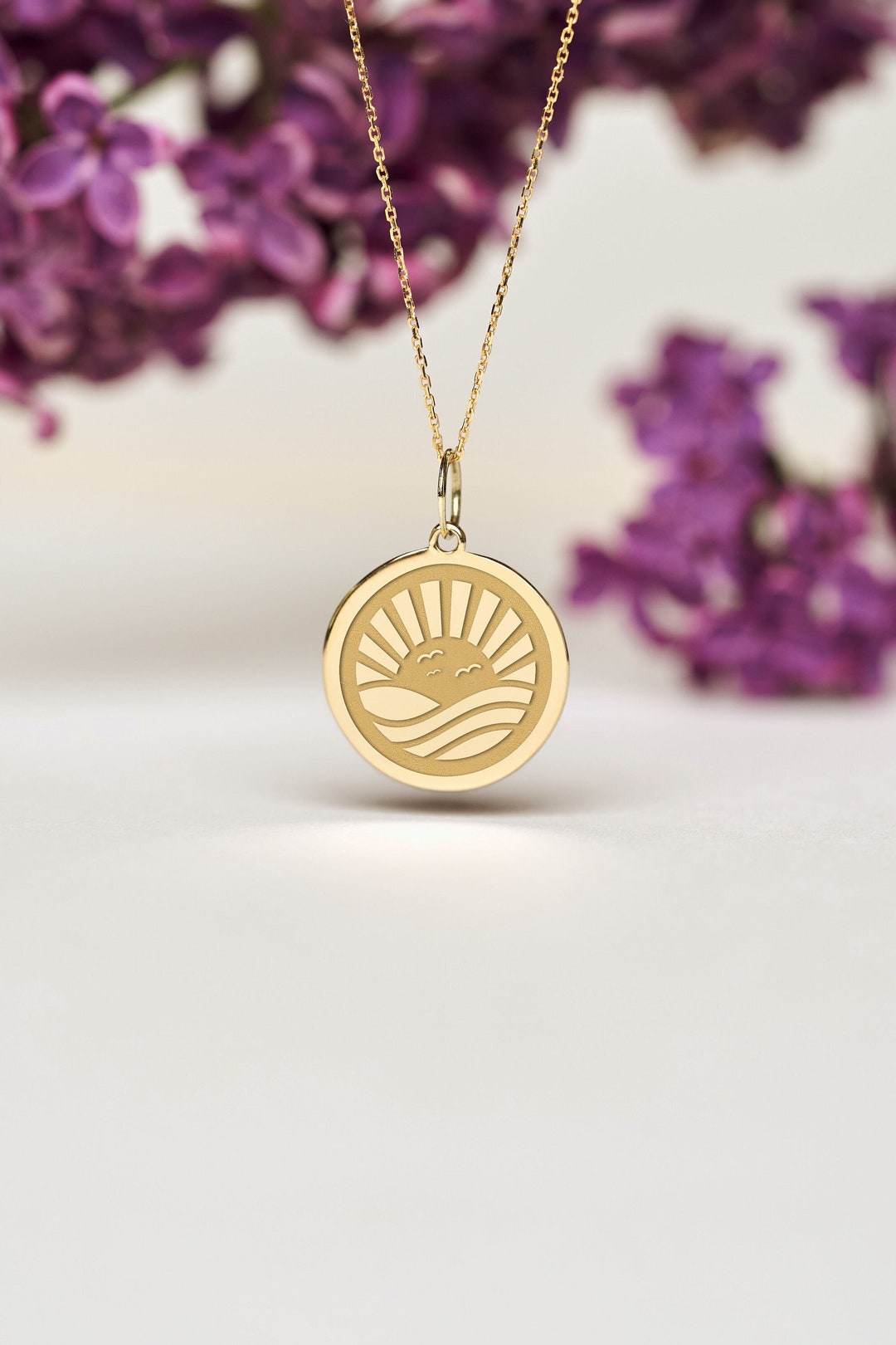 14k Solid Gold Sunset Necklace • Personalized Sun Pendant • Dainty ...