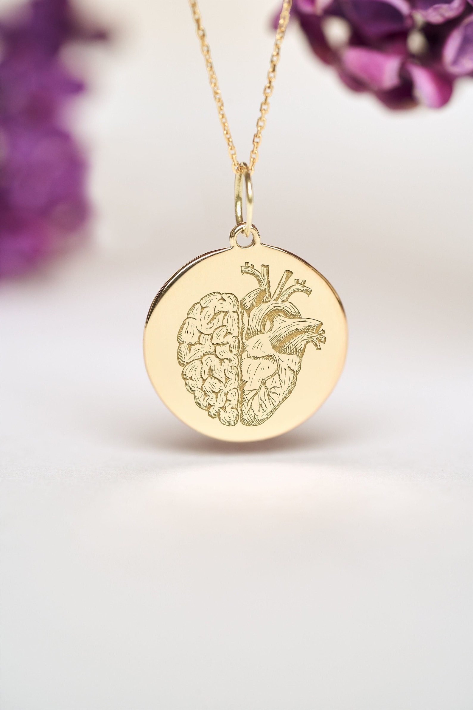 14k Solid Gold Heart & Brain Necklace • Personalized Mind and Emotion ...