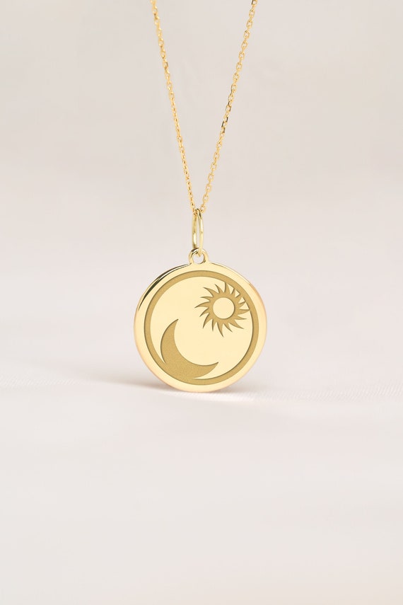 14k Solid Gold Moon and Sun Necklace Personalized Celestial Pendant Dainty Crescent Moon Sun Charm Golden Sun Pendant Etsy