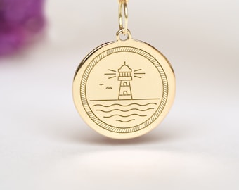 14K Solid Gold Lighthouse Necklace Dainty Nautical Scene Pendant ...