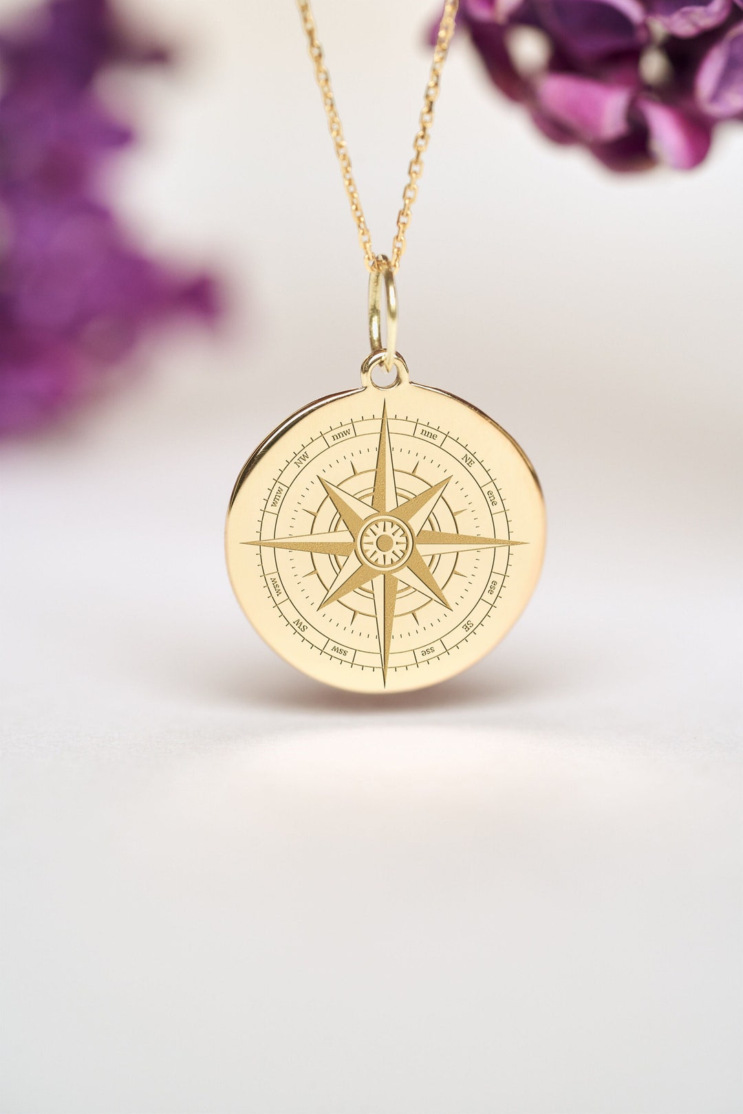 14k Solid Gold Compass Necklace Personalized Nautical Pendant Dainty ...