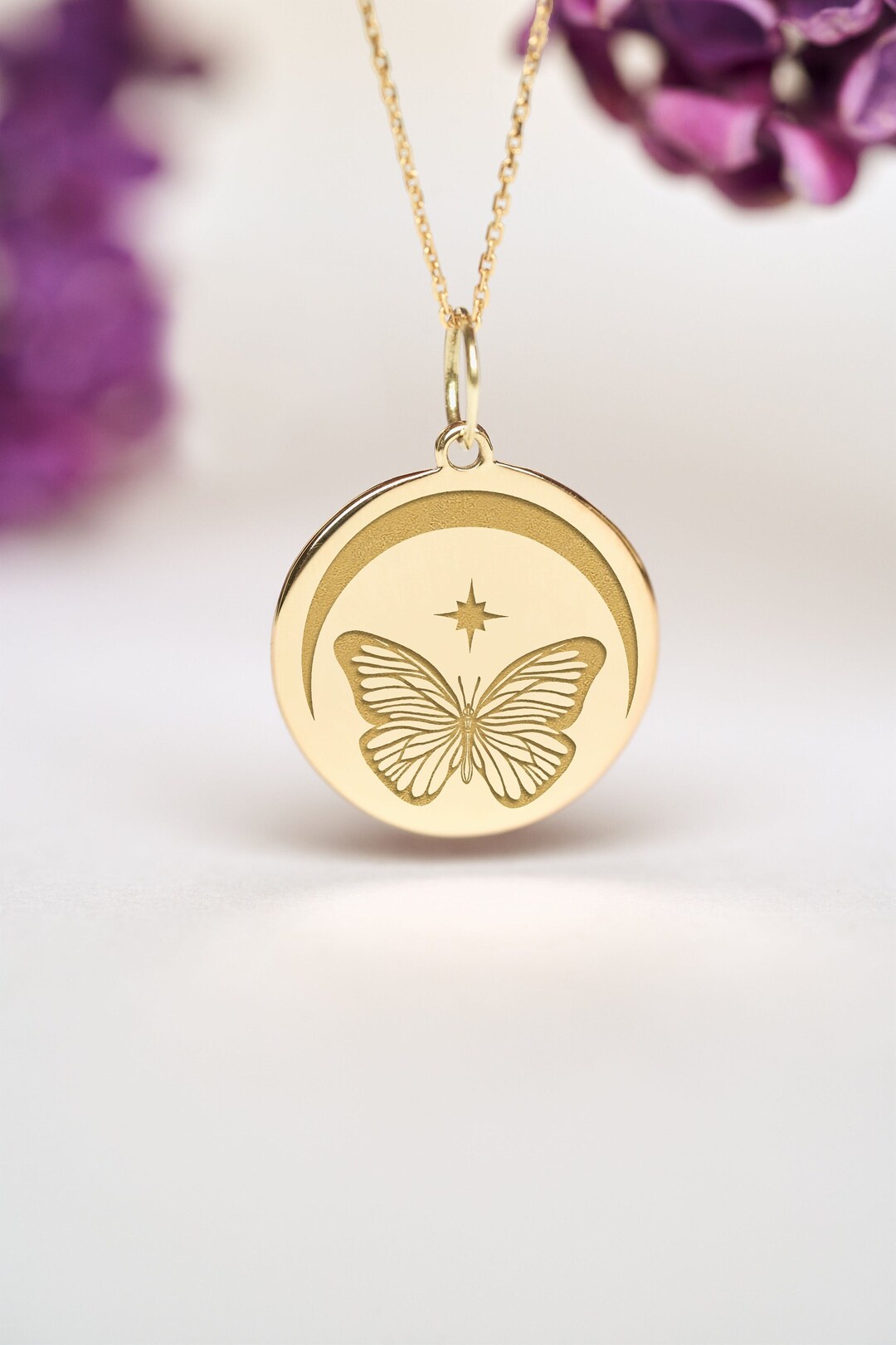 14k Solid Gold Moon Moth Necklace • Personalized Celestial Necklace ...
