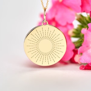 14k Solid Gold Sunbeam Necklace • Personalized Radiant Sun Disc Pendant ...
