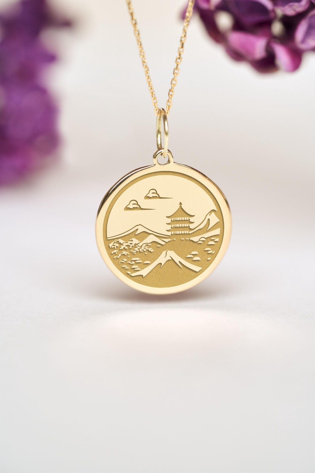 14k Solid Gold Japan Pendant • Personalized Temple Landscape Necklace ...