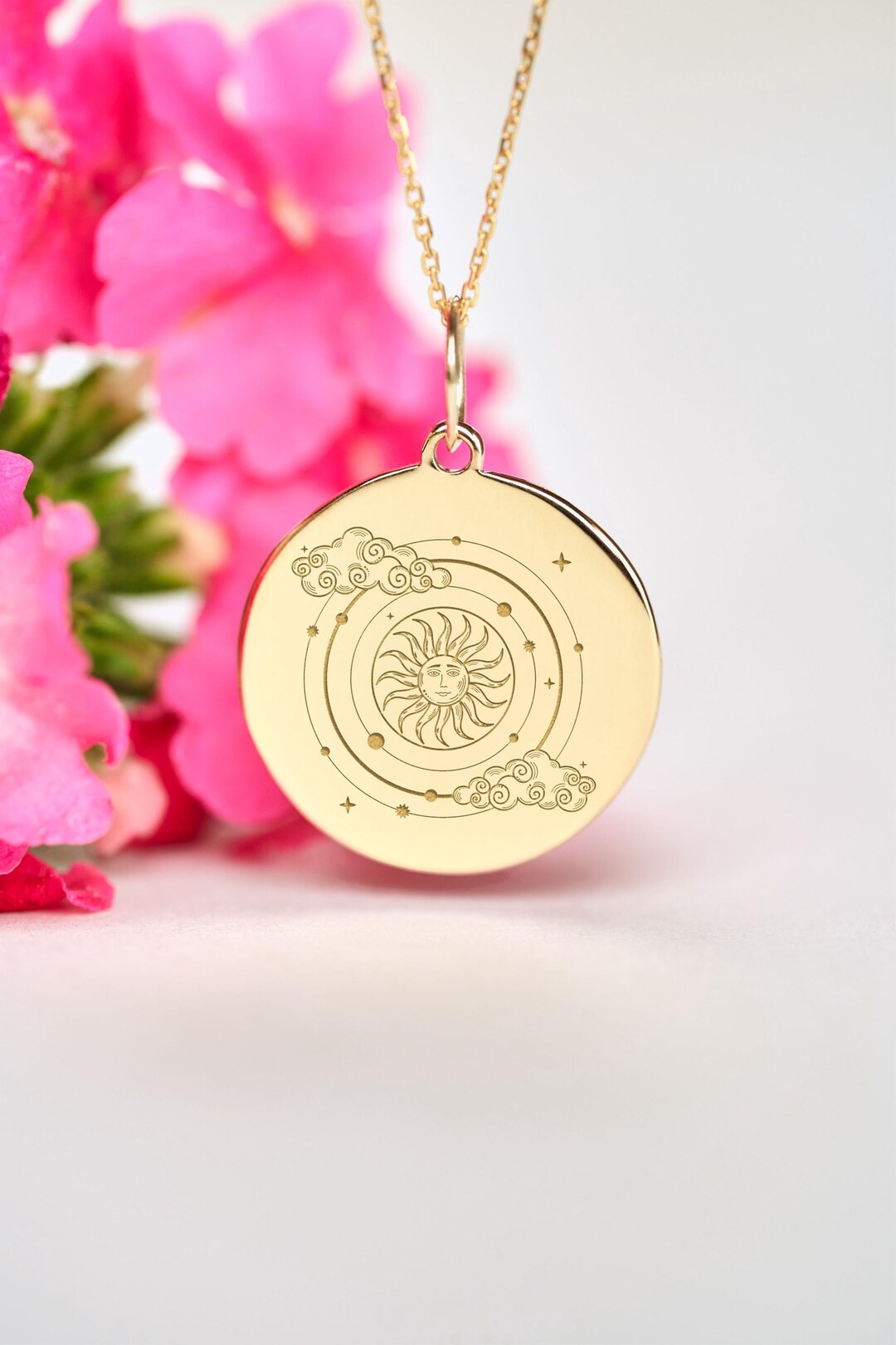 14k Solid Gold Solar System Pendant • Personalized Sun Necklace ...