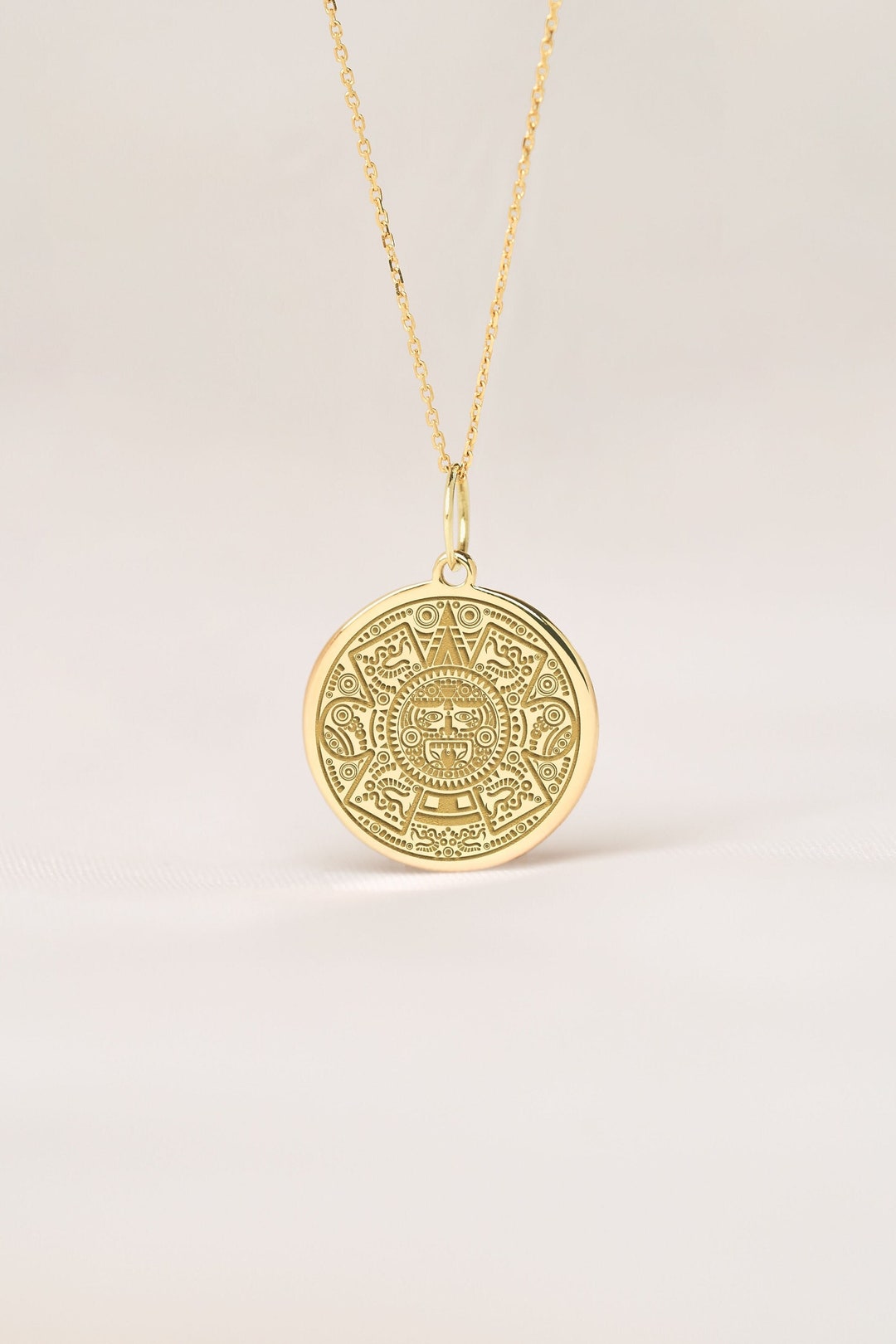 14k Solid Gold Sun Stone Aztec Calendar Necklace • Personalized Maya ...