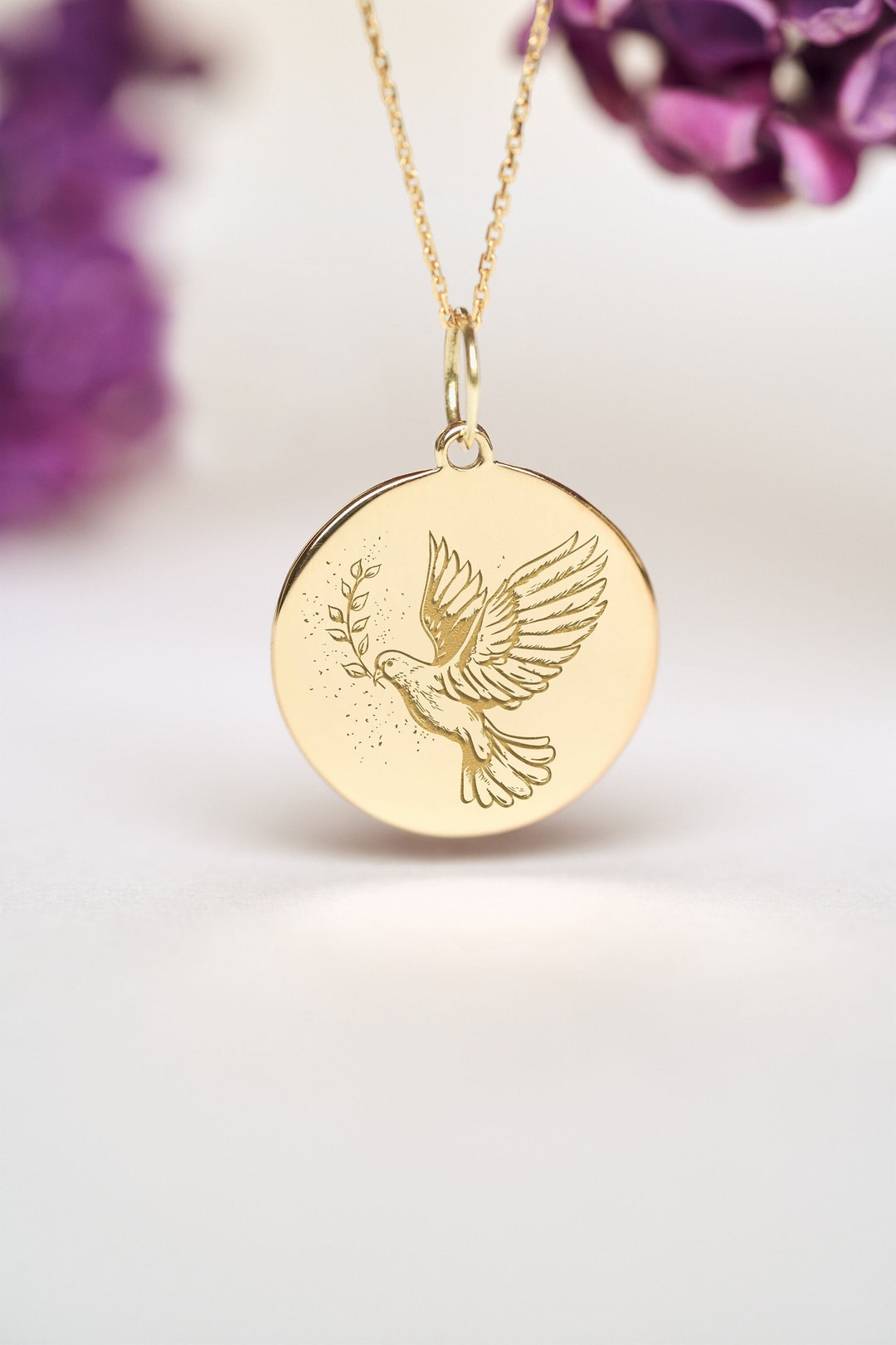 14k Solid Gold Dove Necklace • Personalized Flying Dove of Peace Charm ...
