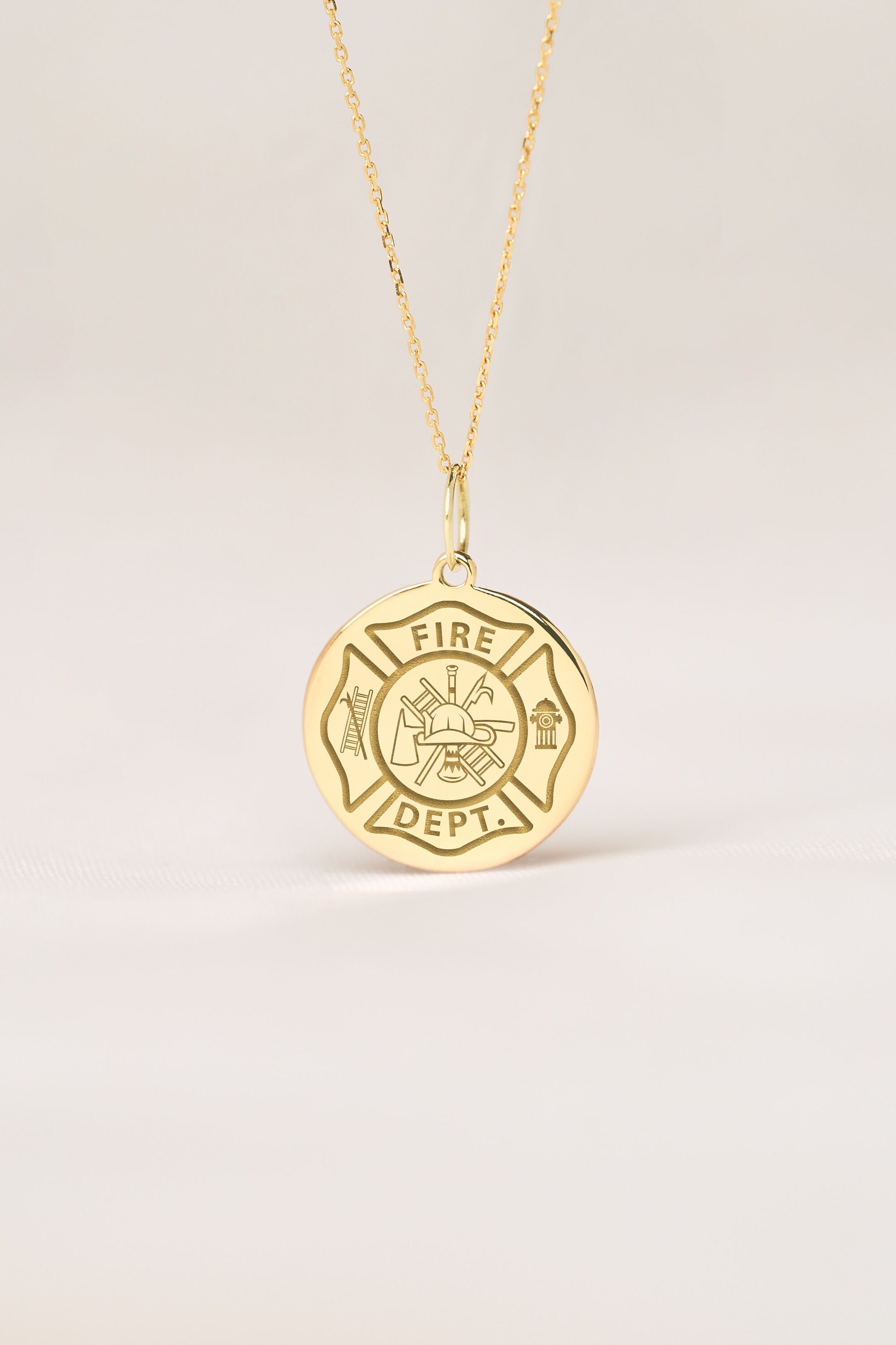 14k Solid Gold Fire Dept Necklace • Personalized Firefighter Pendant ...