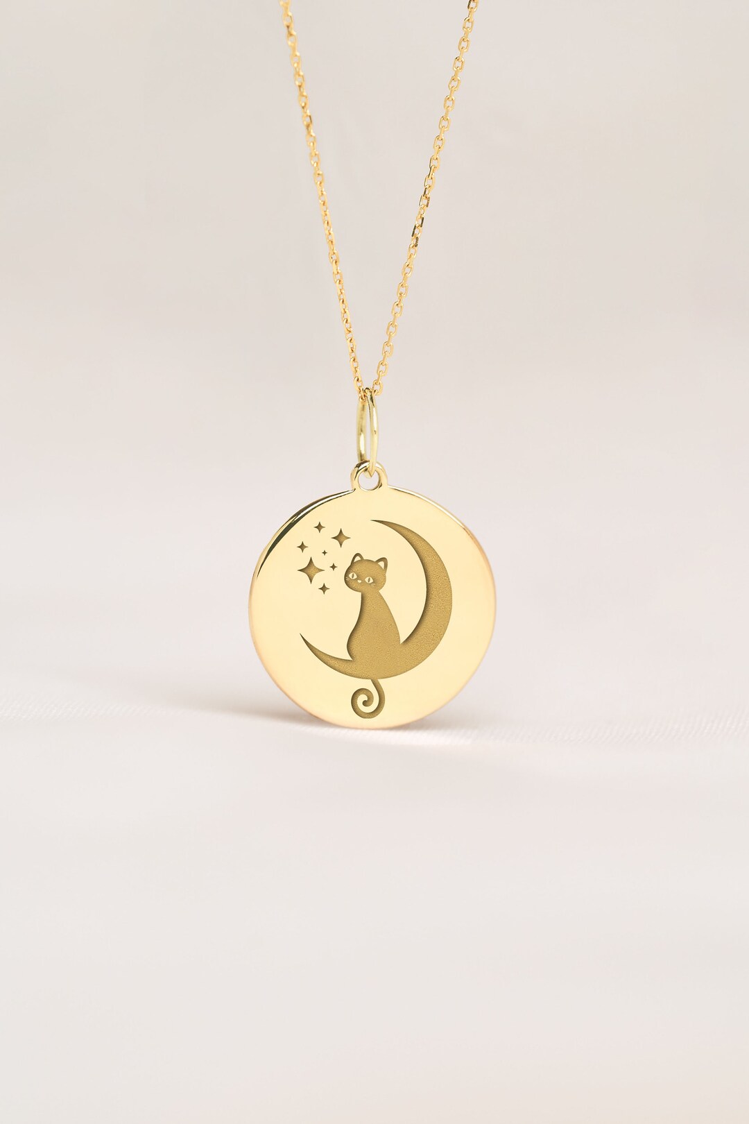 14k Solid Gold Moon and Cat Pendant Personalized Moon and - Etsy