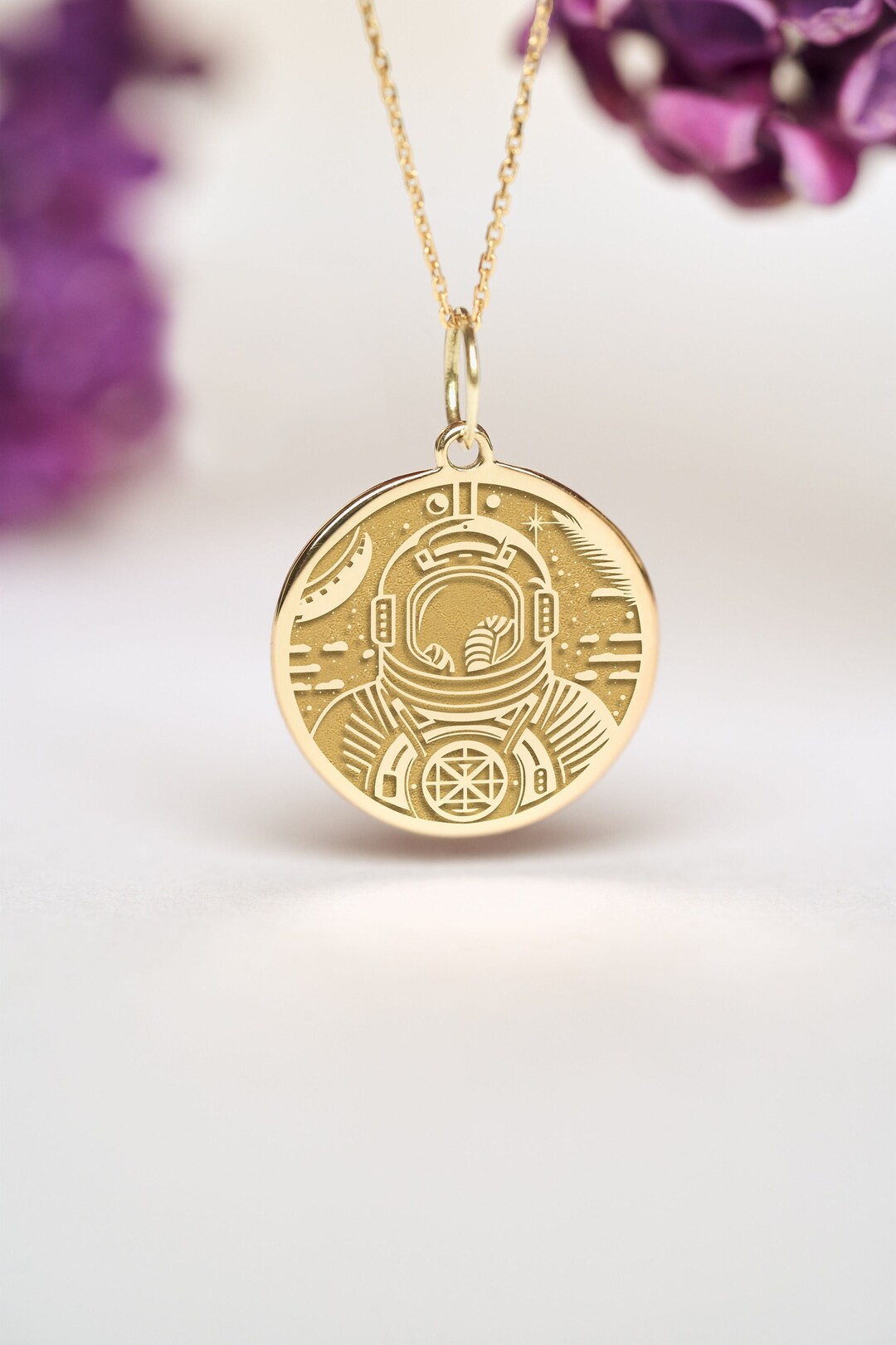 14k Solid Gold Astronaut Necklace • Personalized Space Explorer Pendant ...