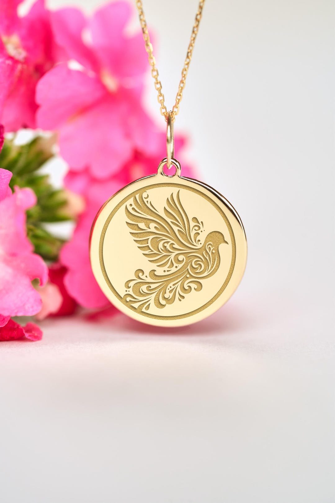 14k Solid Gold Dove Necklace • Personalized Dove of Peace Charm ...