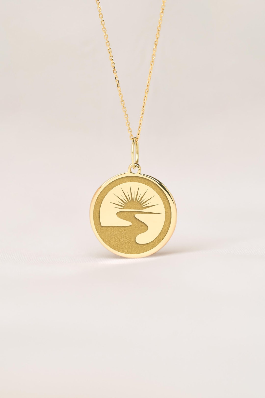 14k Solid Gold Sun Necklace • Personalized Sunset Pendant • Dainty ...