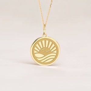 14k Solid Gold Sunset Necklace • Personalized Sun Pendant • Dainty ...