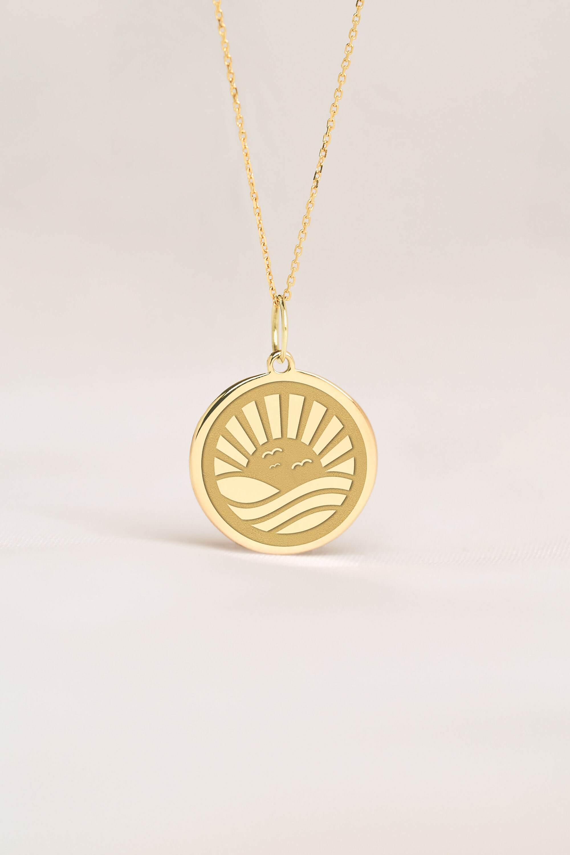 14k Solid Gold Sunset Necklace • Personalized Sun Pendant • Dainty ...