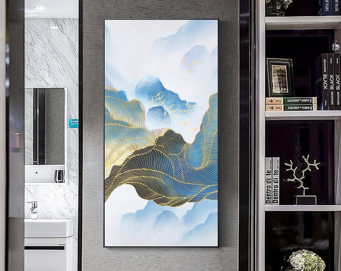 Navy Blue Landscape Painting on Canvas Abstract Mountain Painting Gold ...