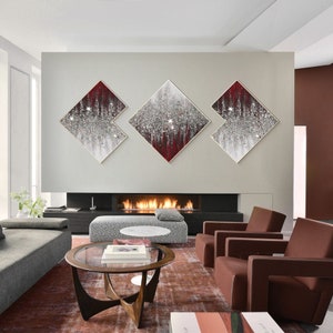 Original 3 Pieces Red Silver Glitter Painting,crushed Glass Red Wall ...