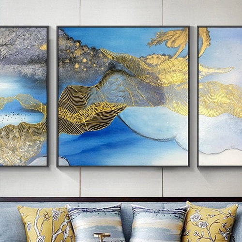 Gold Lines Abstract Painting on Canvas Wall Art Picture for | Etsy
