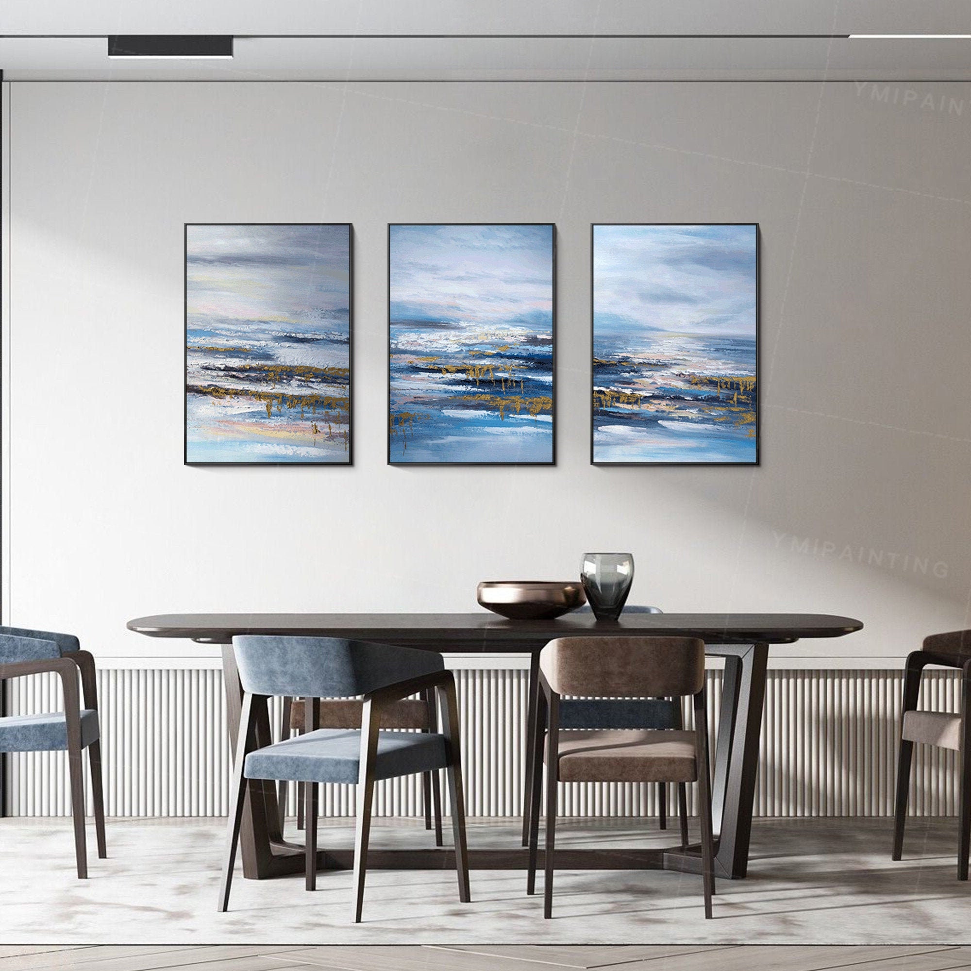 Framed painting Set of 3 wall art Seascape Gold art painting | Etsy