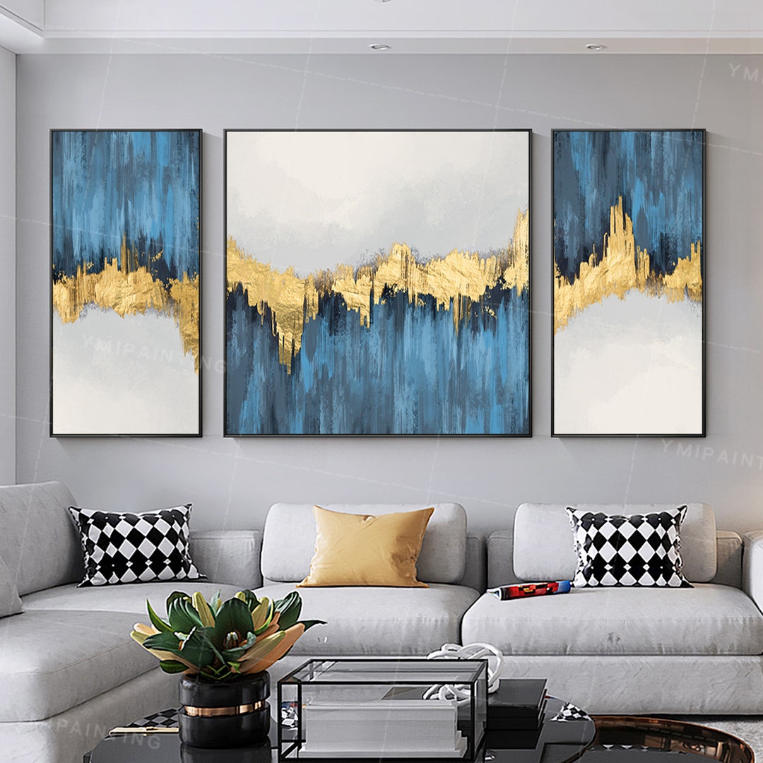 Framed Gold Leaf Abstract Painting Set: Teal Blue Acrylic Wall Art - Etsy