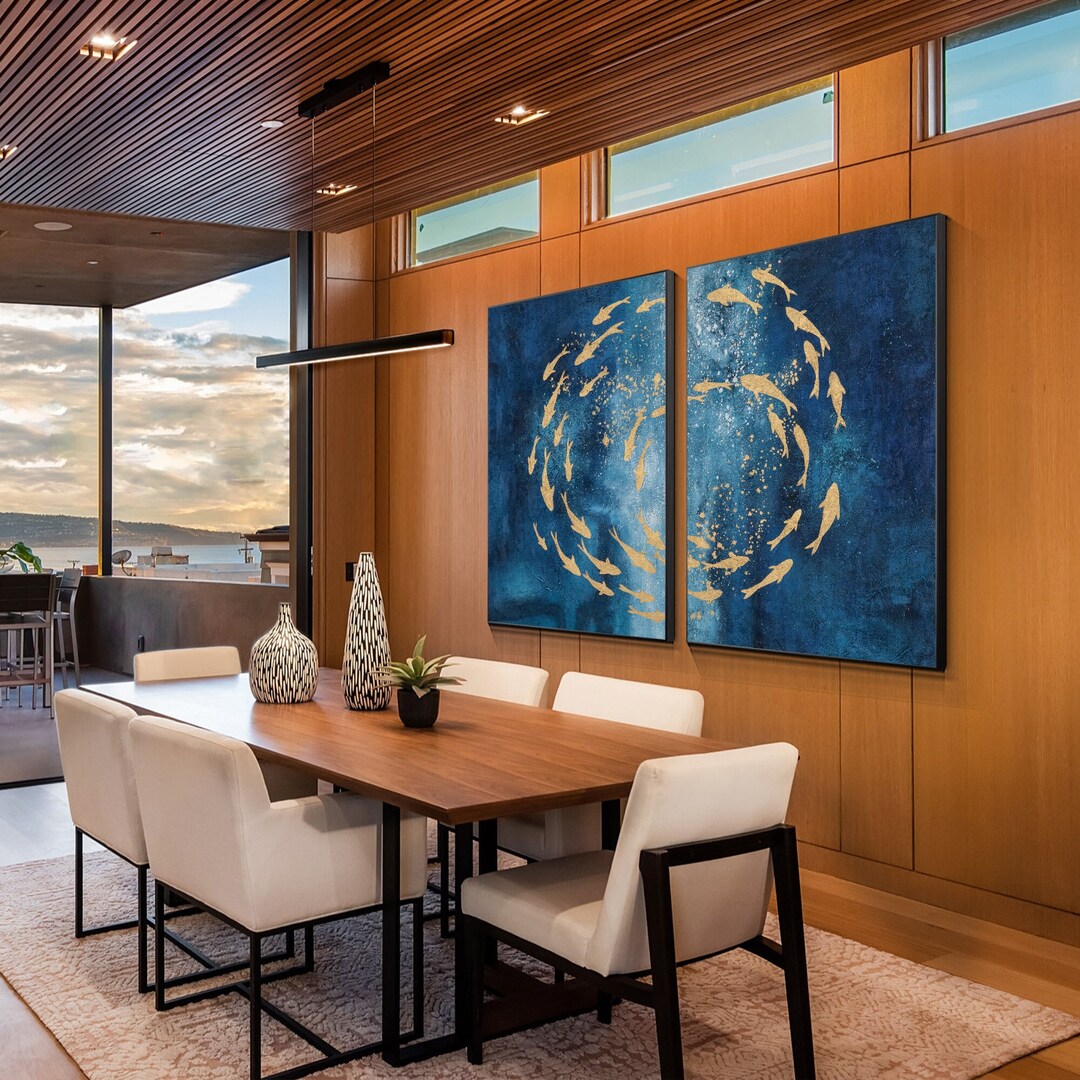 Original Gold Fish Painting Set of 2,2 Piece Wall Art,blue and Gold ...