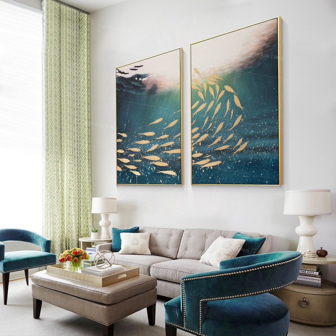 Koi Fish Art Set of 2 Gold Fish Large Wall Art Watercolor Painting ...