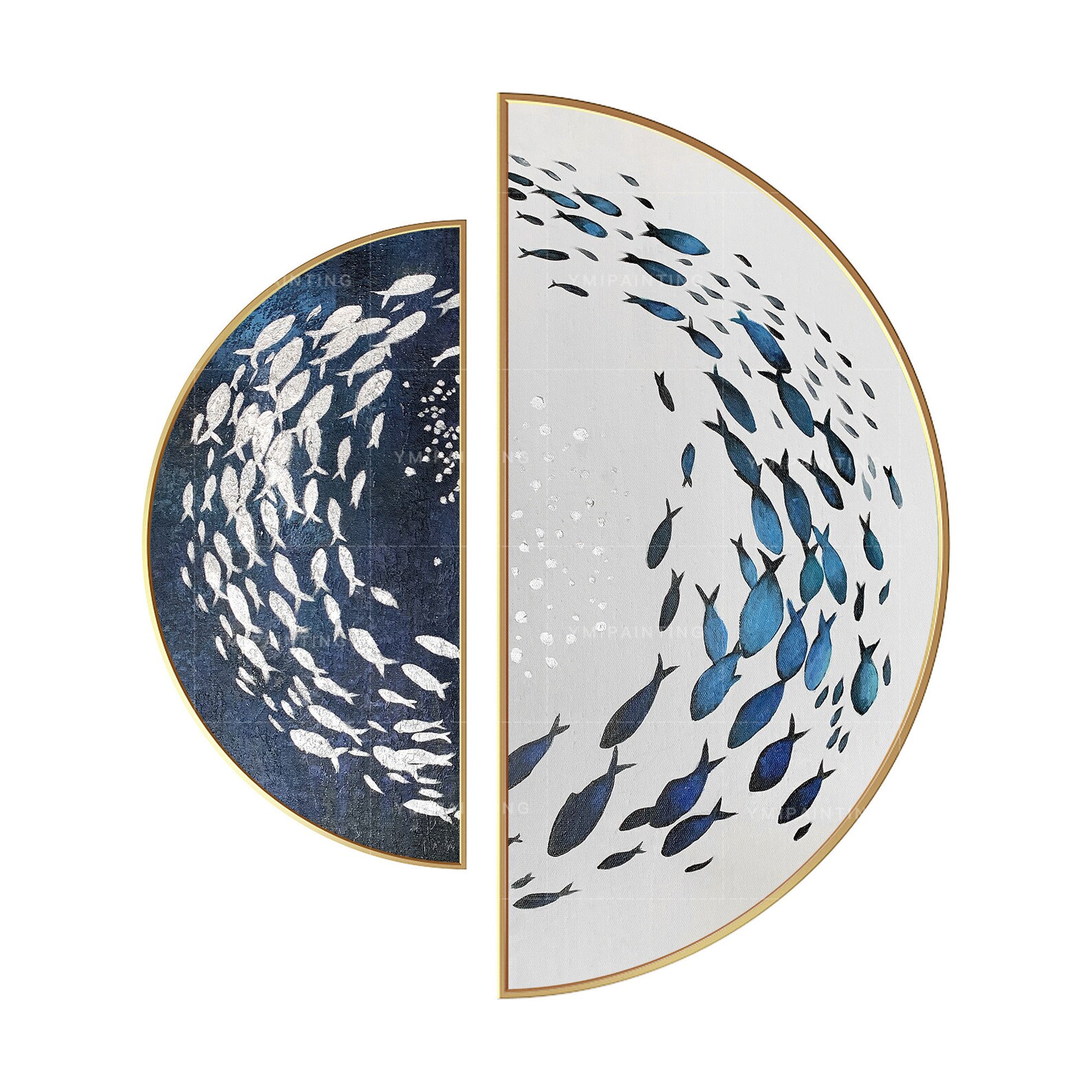 Koi Fish Silver Fishes Navy Blue Paintings on Canvas Set of 2 Wall Art ...