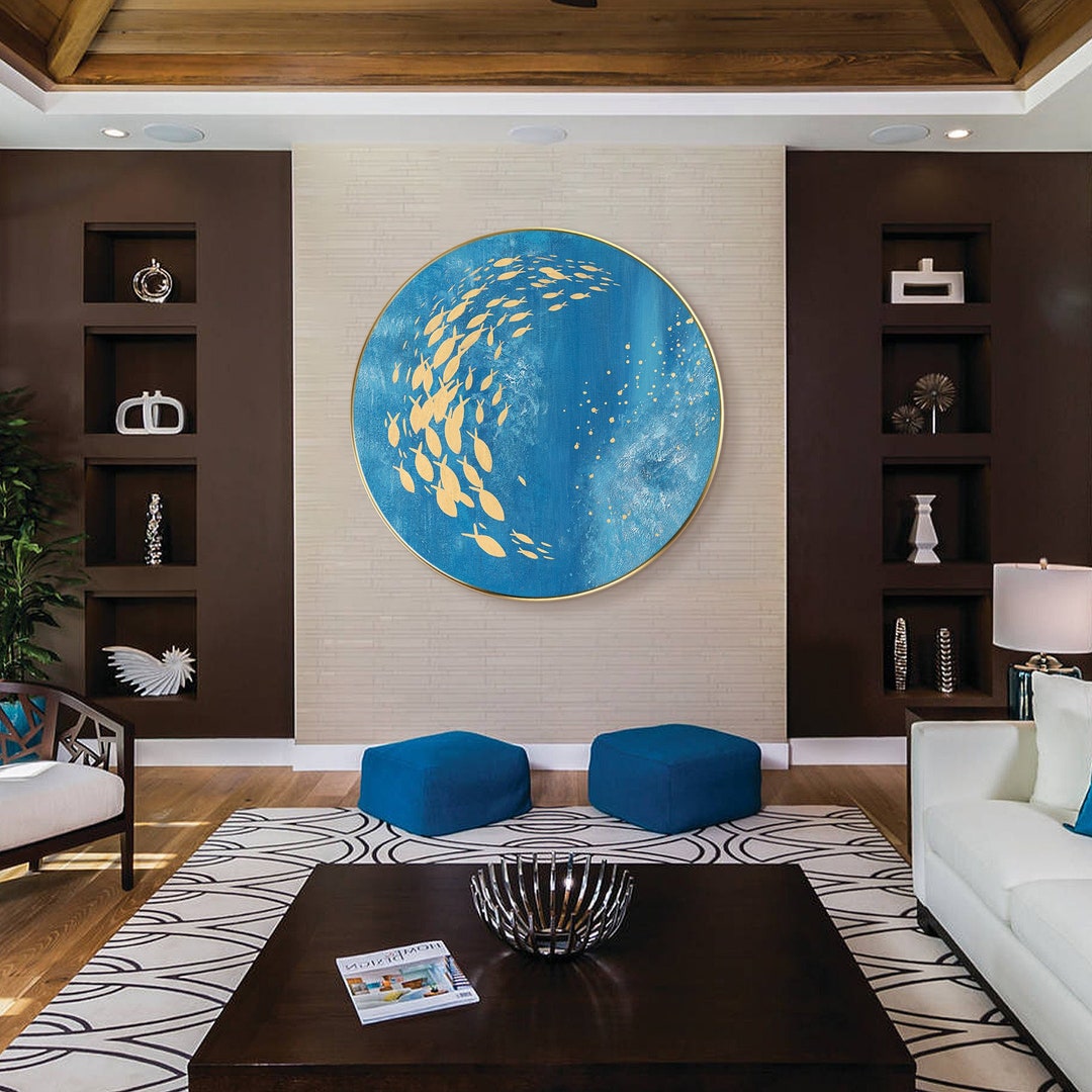 Original Fish Round Wall Art,circular Wall Art.gold and Blue Fish ...