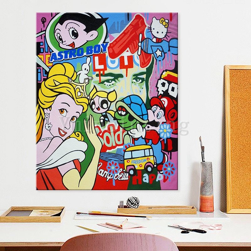 acrylic painting on canvas vintage neon art space buns painting ...