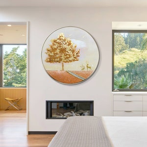 Gold Tree Landscape Art With Frameddeer Paintinground - Etsy
