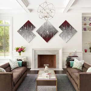 Original 3 Pieces Red Silver Glitter Painting,crushed Glass Red Wall ...