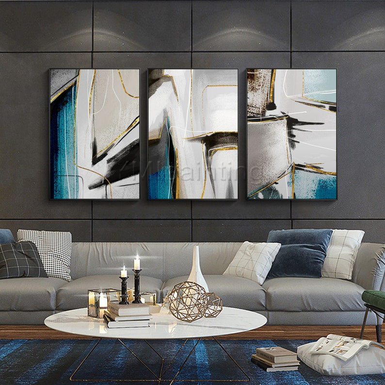 Framed Painting Gold Art Set of 3 Wall Art Teal Blue Acrylic - Etsy