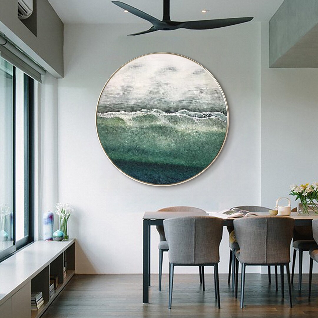 Round Wall Art Framed,green Painting Framd,sage Green Decor,ocean Painting,round Painting ...