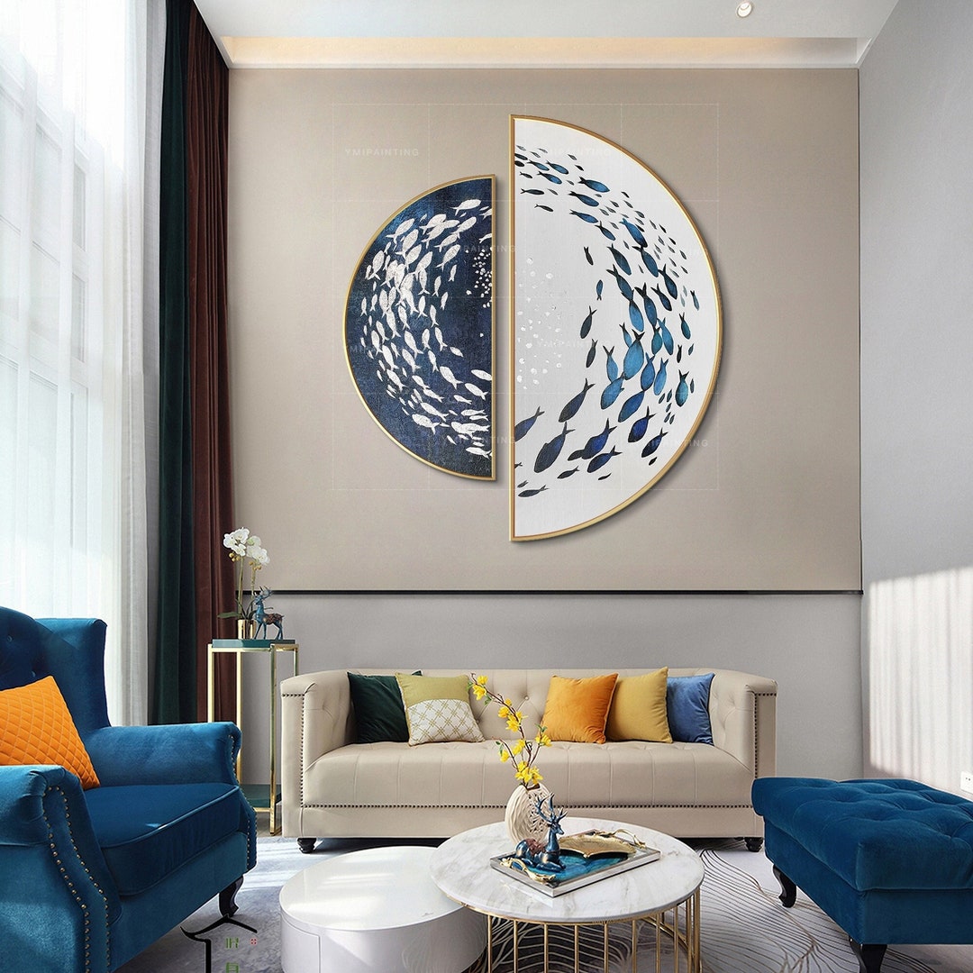 Koi Fish Silver Fishes Navy Blue Paintings on Canvas Set of 2 Wall Art ...