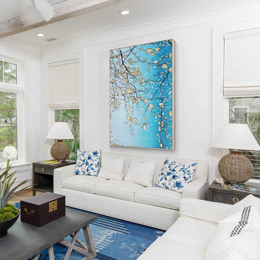 Gold Tree Painting Original,blue Tree Art,living Room Art,abstract Tree ...