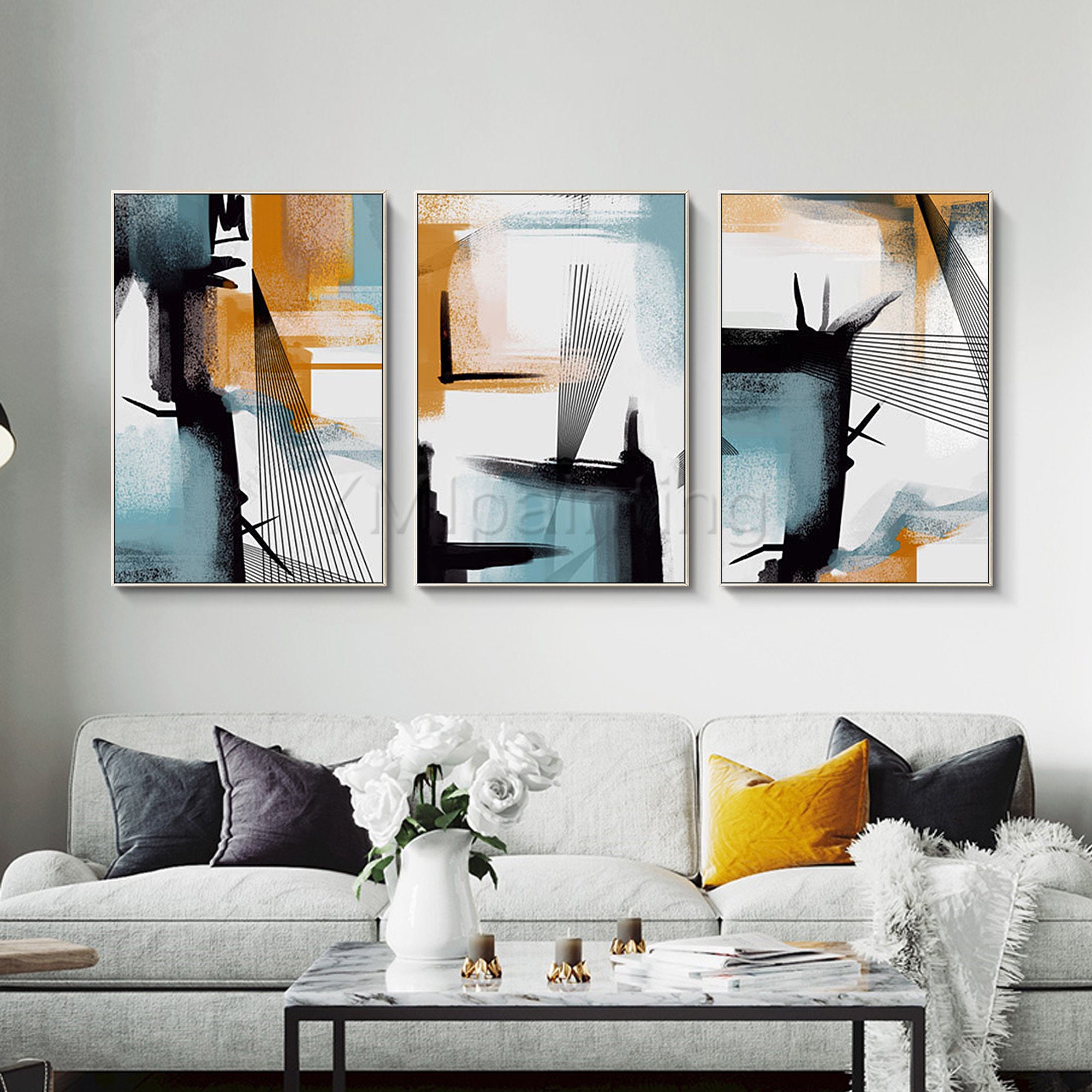 Set of 3 Wall Art Abstract Geometric Painting Acrylic | Etsy