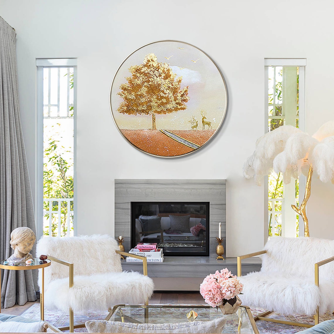 Gold Tree Landscape Art With Frameddeer Paintinground - Etsy