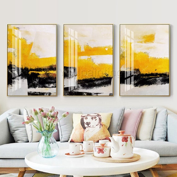 3 Pieces Wall Art Mustard Painting Mountain and Tree Framed | Etsy