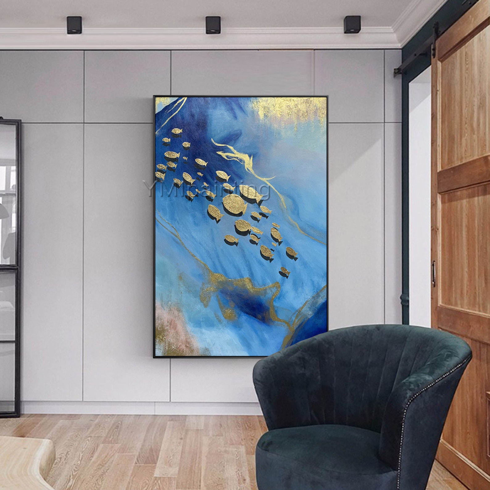 Koi Fish Art Gold Fish Navy Blue Ocean Sea Texture Painting | Etsy