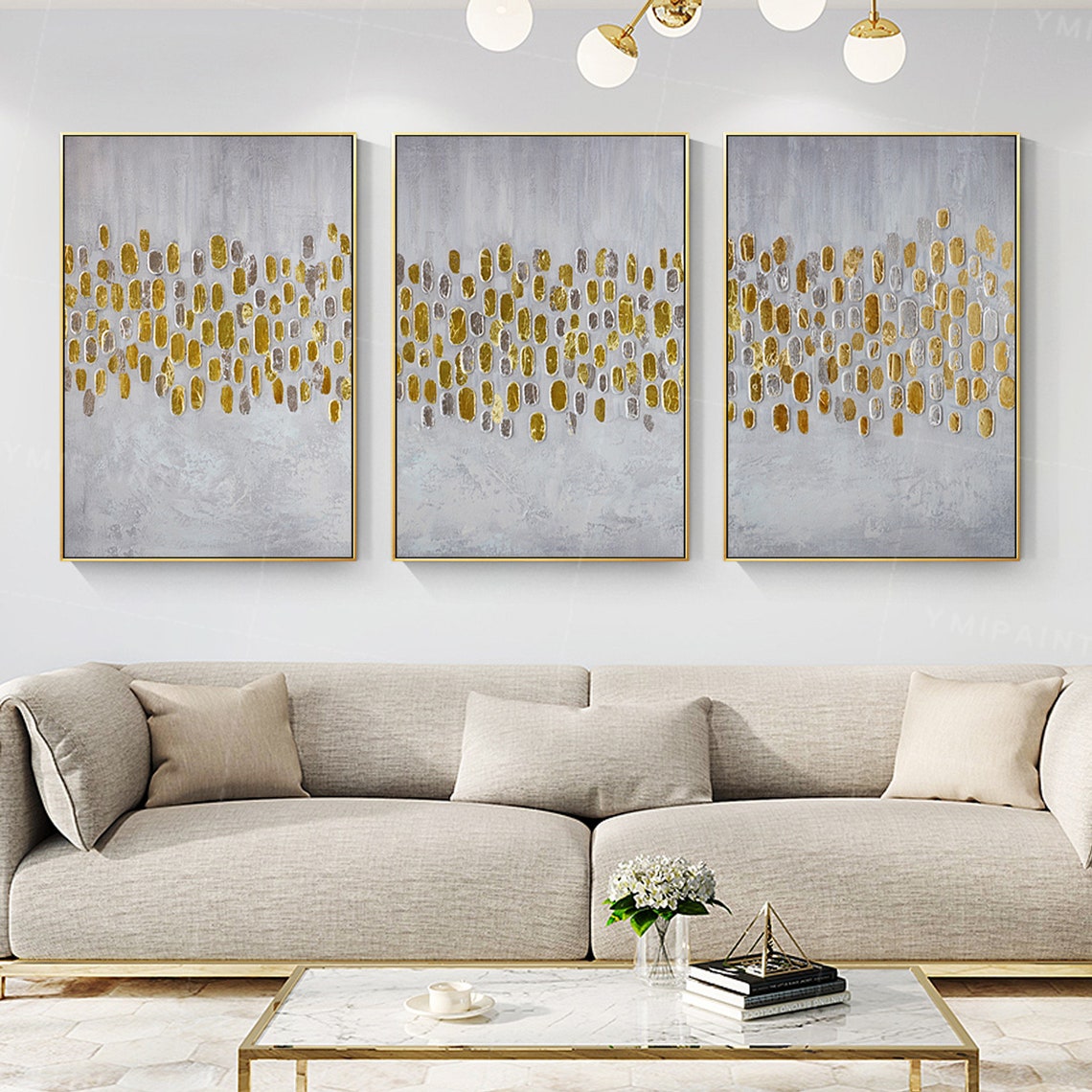 Framed painting Set of 3 wall art Gold silver leaf abstract | Etsy