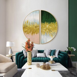 Set of 2 Round Wall Art,original Gold Glitter Wall Art,gold Green Art ...